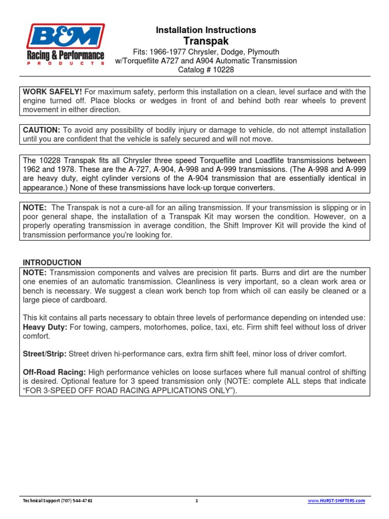 Transpak: Installation Instructions | PDF | Manual Transmission | Valve