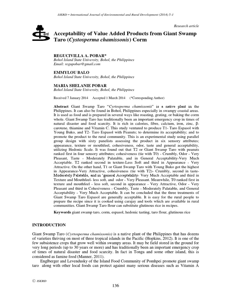 Acceptability of Value Added Products From Giant Swamp Taro ...
