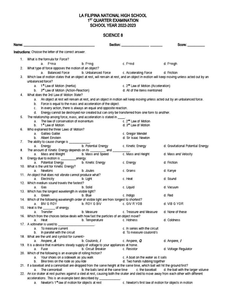 Science 8 Periodical Exam in Q1 | PDF | Force | Newton's Laws Of Motion