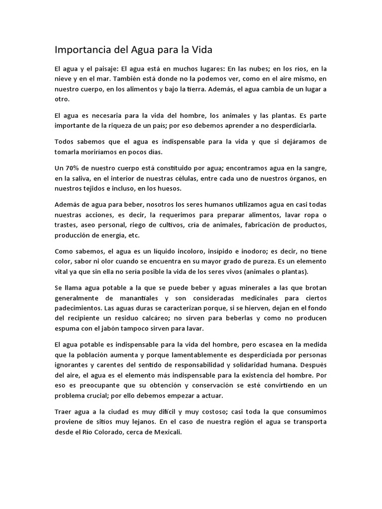 Importancia del Agua en la Vida | PDF | Agua | Alimentos
