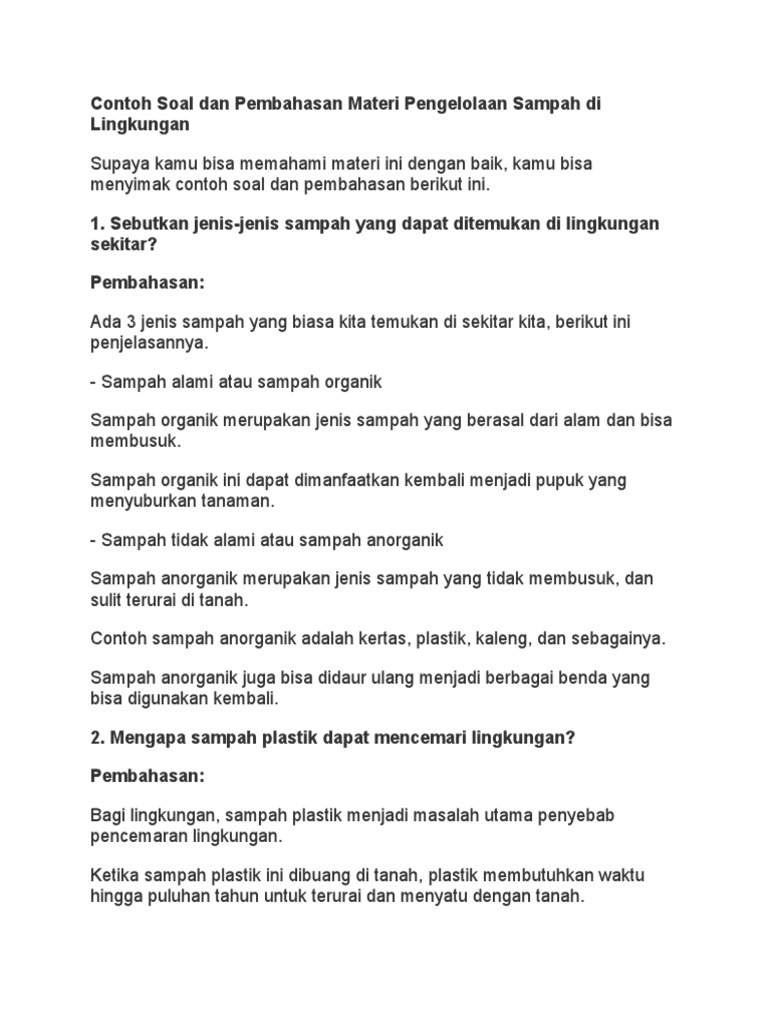 Contoh Soal Dan Pembahasan Materi Pengelolaan Sampah Di Lingkungan | PDF