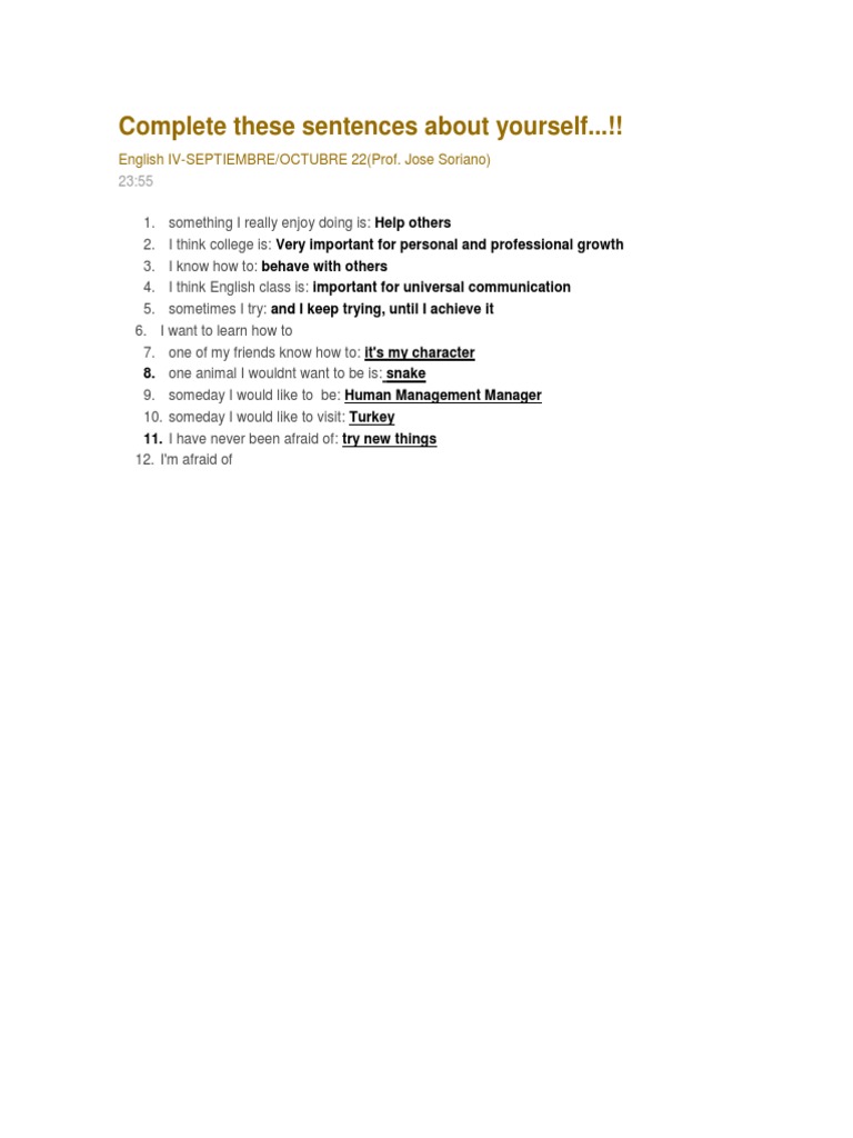 Complete These Sentences About Yourself | PDF | Career & Growth | Self ...