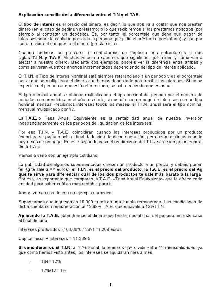 Diferencias entre TIN y TAE explicadas | PDF | Interés | Tasas de interés