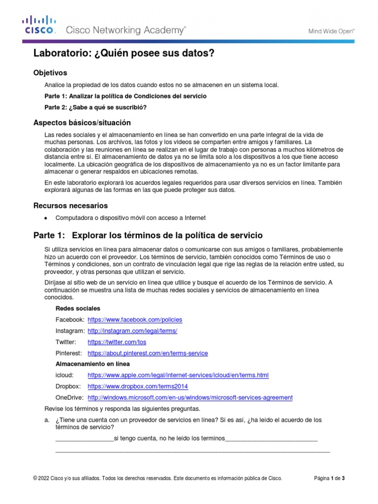 3.1.2.5 Lab - Who Owns Your Data | PDF | Internet | Privacidad en internet