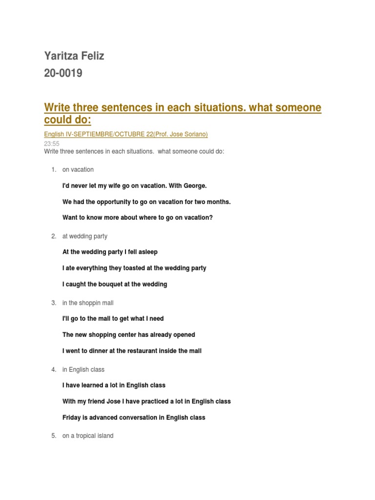 Write Three Sentences in Each Situations | PDF