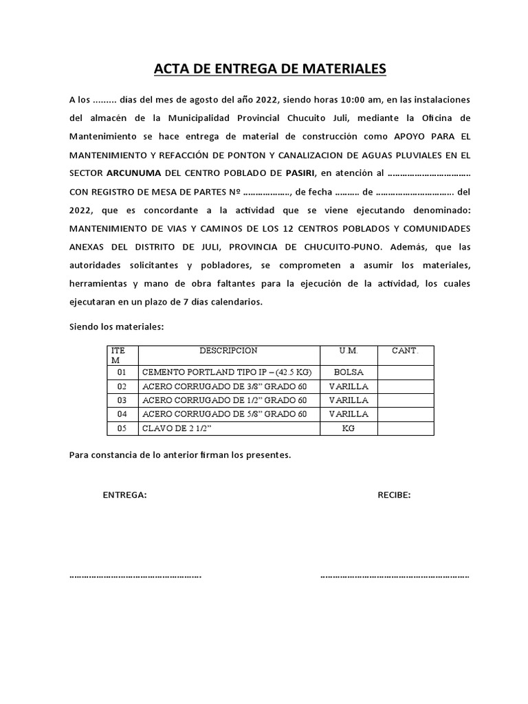 Modelo Acta de Entrega Apoyo - Pasiri | PDF | Material compuesto | Hormigón