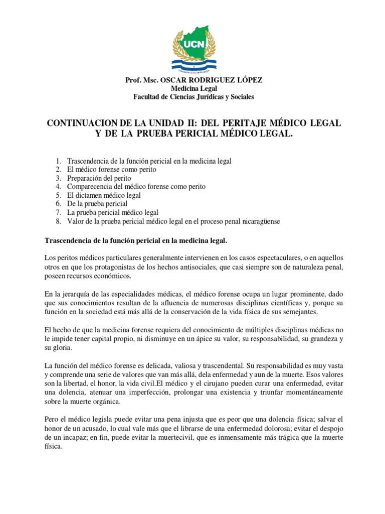 Continuacion de La Unidad Ii Del Peritaje Médico Legal y de La Prueba Pericial Médico Legal ...
