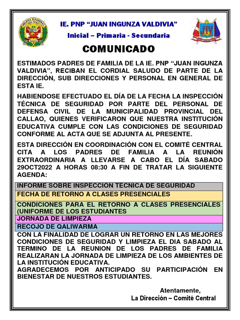 Comunicado Reunion de PPFF Jornada de Limpieza y Retorno A Clases 27oct2022 | PDF