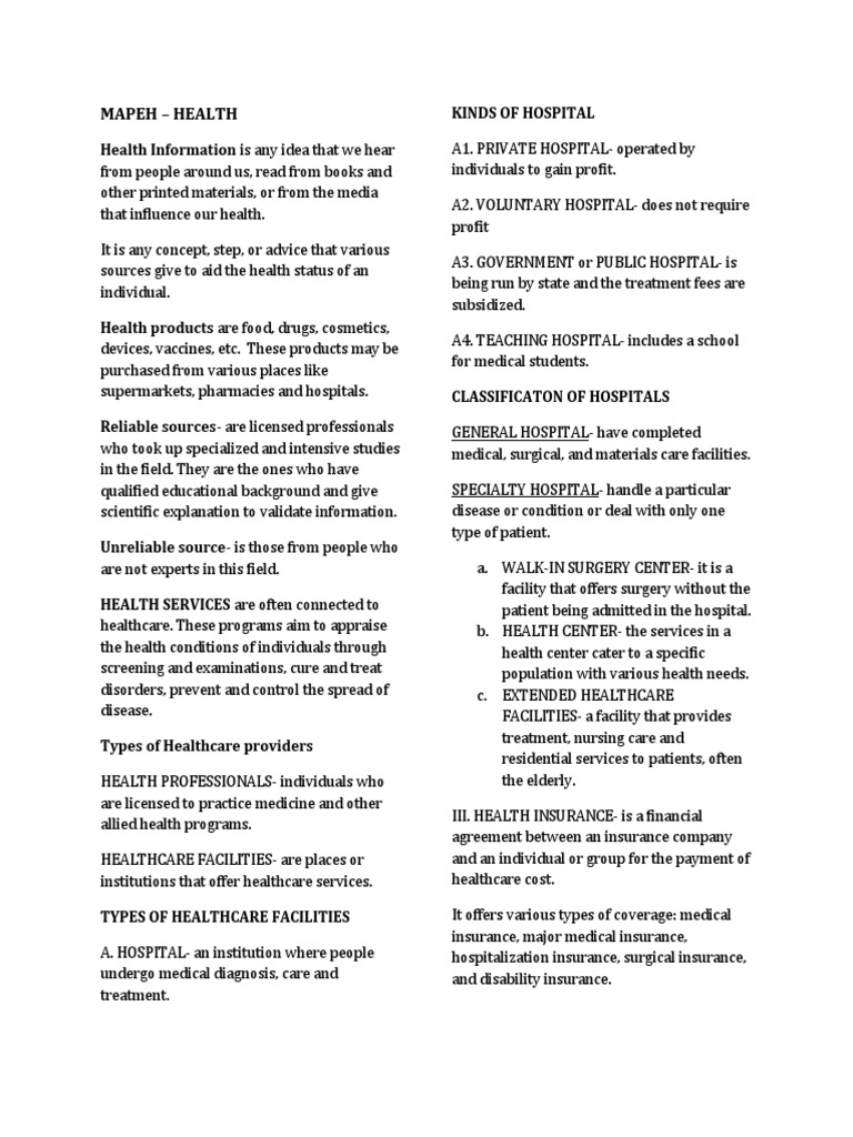 MAPEH - Health | PDF | Health Care | Hospital