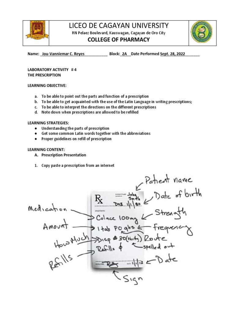 Reyes, J. Dispensing 1 Lab Act 4 | PDF | Prescription Drugs | Medical ...