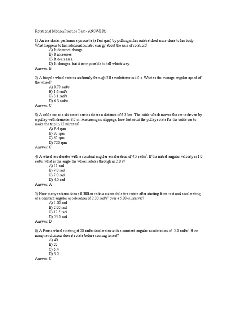 Rotational Motion Practice Test Answers | PDF | Acceleration | Torque