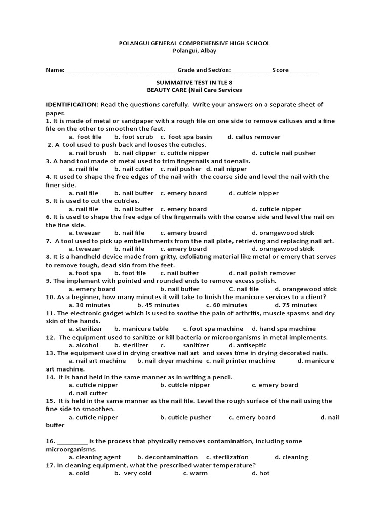 Summative Test Beauty Care Q4 | PDF | Disinfectant | Nail (Anatomy)