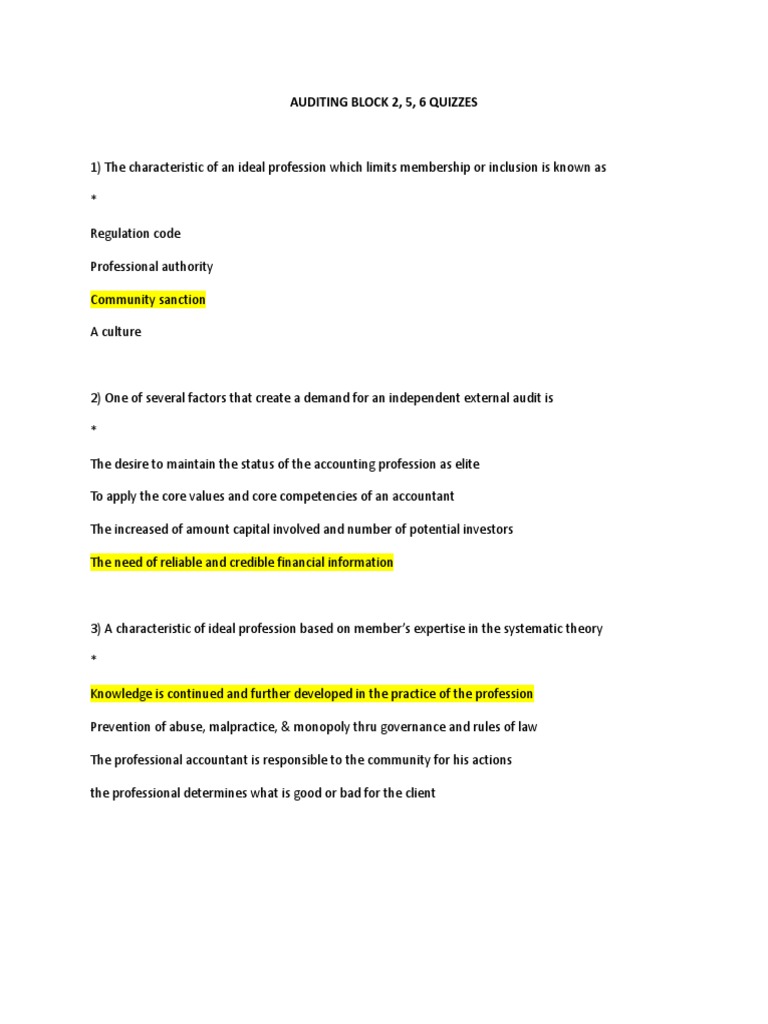 Auditing Block 2 3 4 5 6 QUIZZES | PDF | Audit | Financial Audit