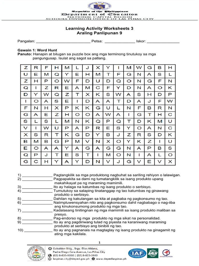 Learning Activity Worksheets 3 Araling Panlipunan 9 | PDF