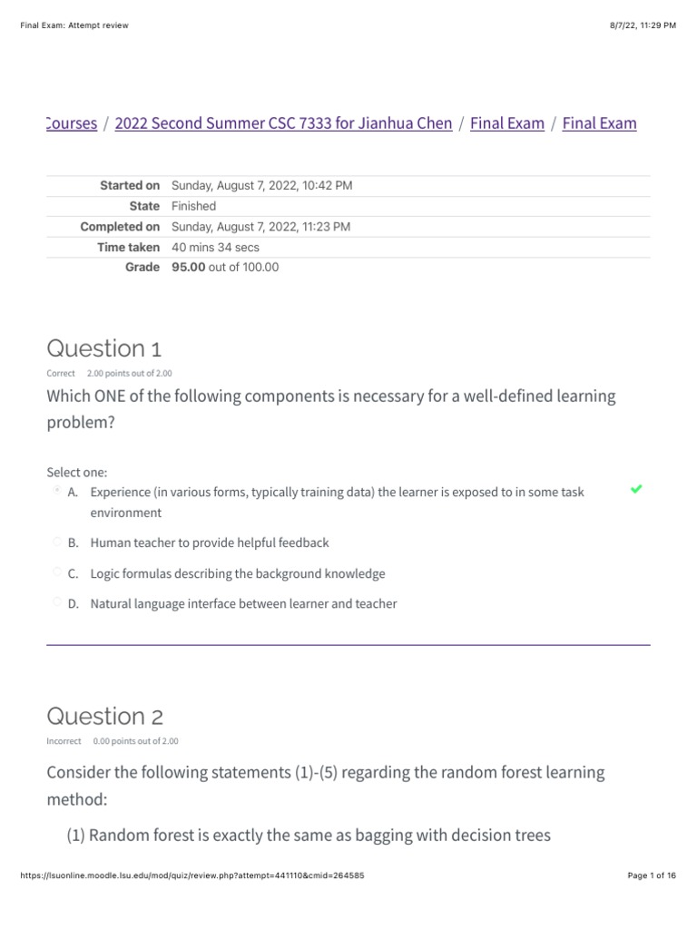 My Courses 2022 Second Summer CSC 7333 For Jianhua Chen Final Exam Final Exam | PDF | Regression ...