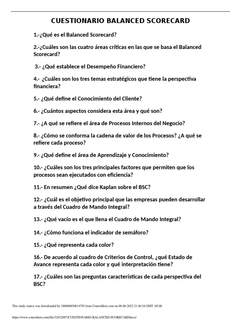 Cuestionario Balanced Scorecard | PDF | Economias | Business