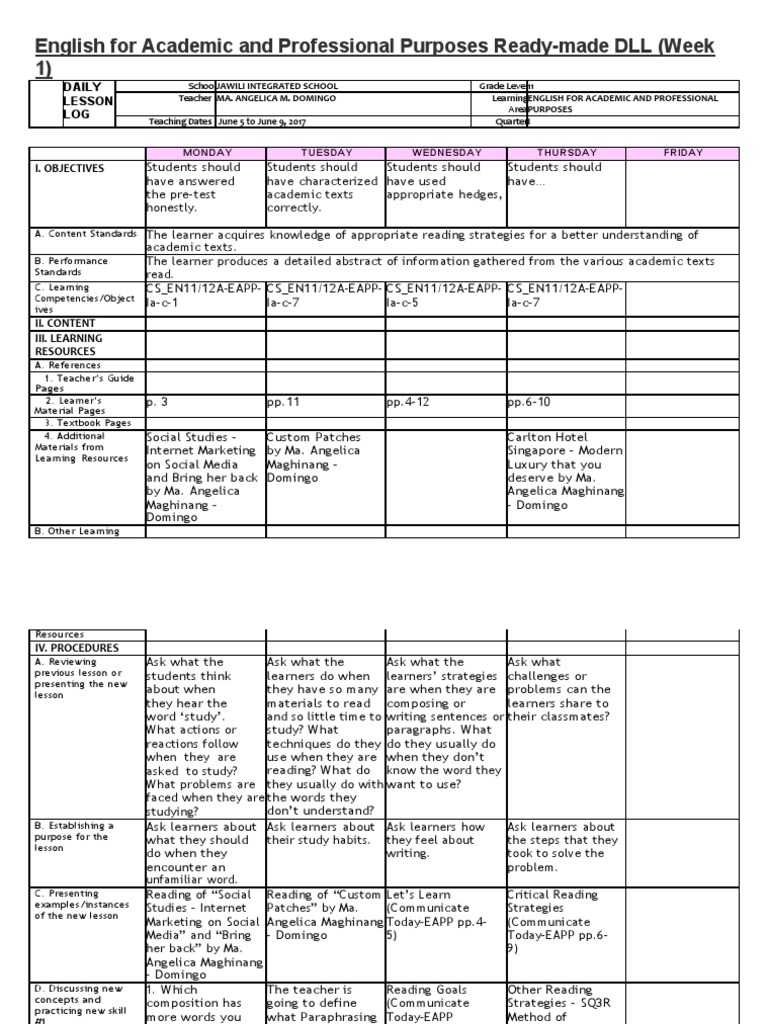 Eapp Week 1 DLL PDF Free | Download Free PDF | Learning | Cognitive Psychology