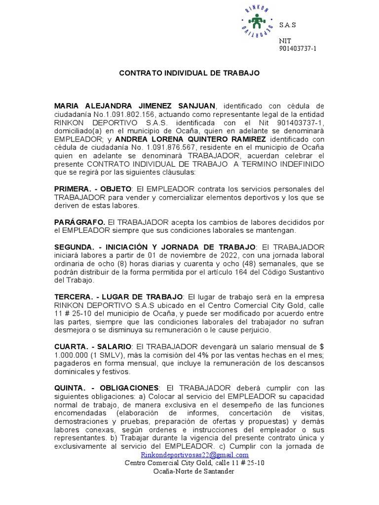Contrato de Trabajo Vendedor 1 | PDF | Salario | Tiempo de trabajo