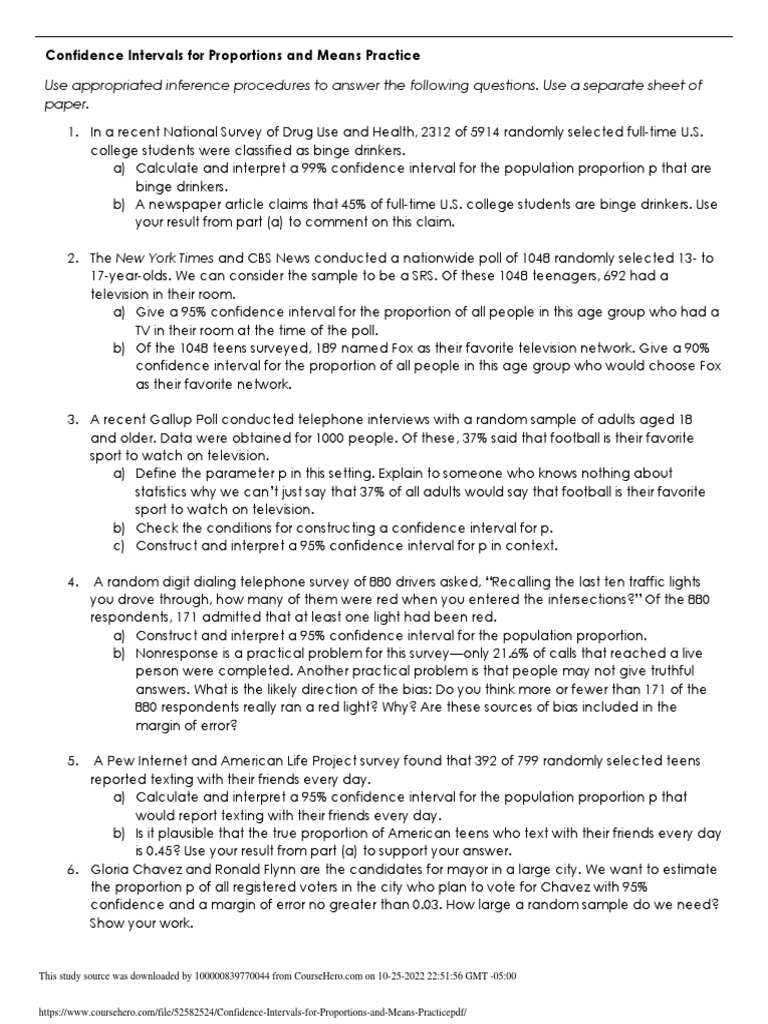 Confidence Intervals For Proportions and Means Practice PDF | Download ...