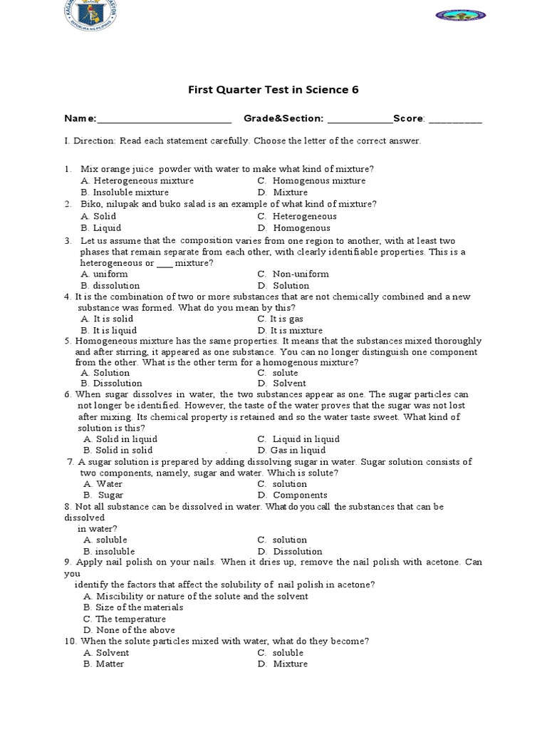 Grade 6 | PDF | Mixture | Solubility