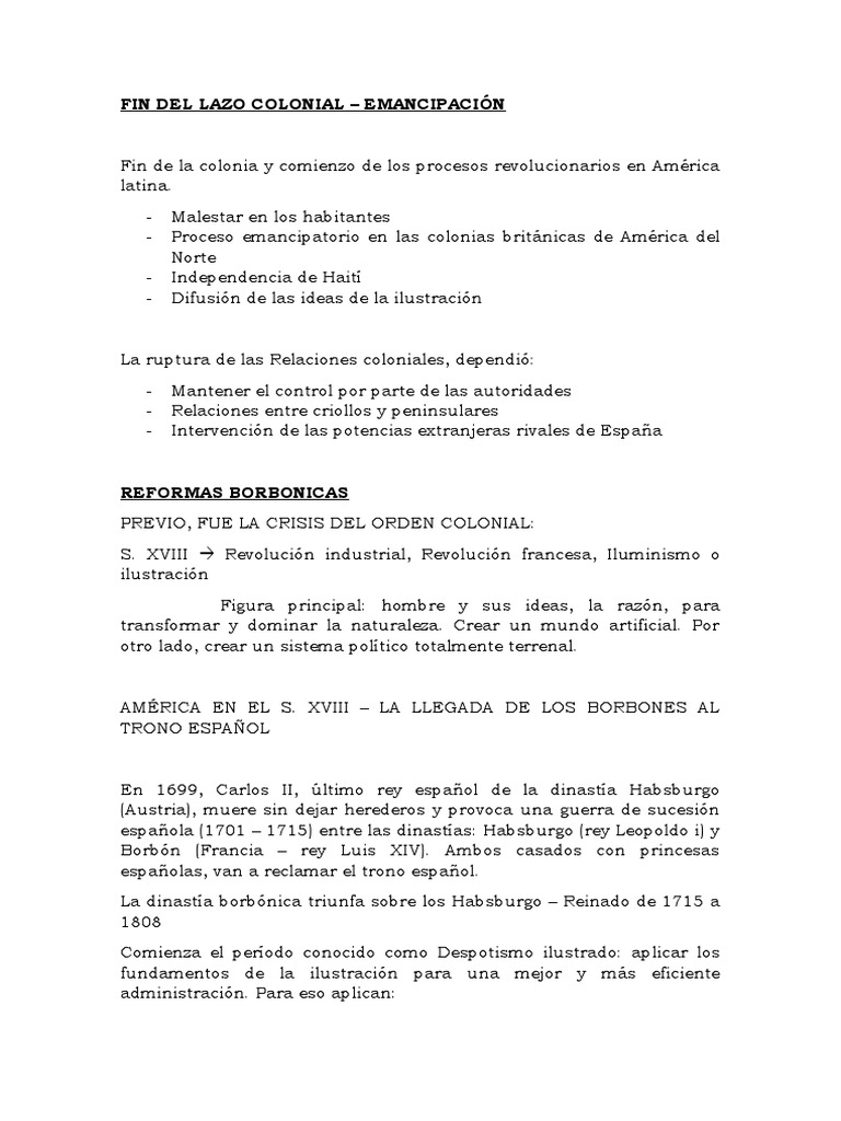 Resumen - Fin Del Lazo Colonial | PDF | Imperio español | España