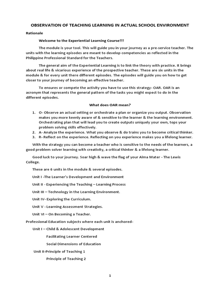 Observation of Teaching Learning in Actual School Environment | PDF ...