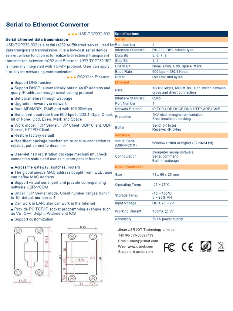 (Datasheet) USR TCP232 302 Datasheet | PDF | Transmission Control Protocol | Internet Protocol Suite