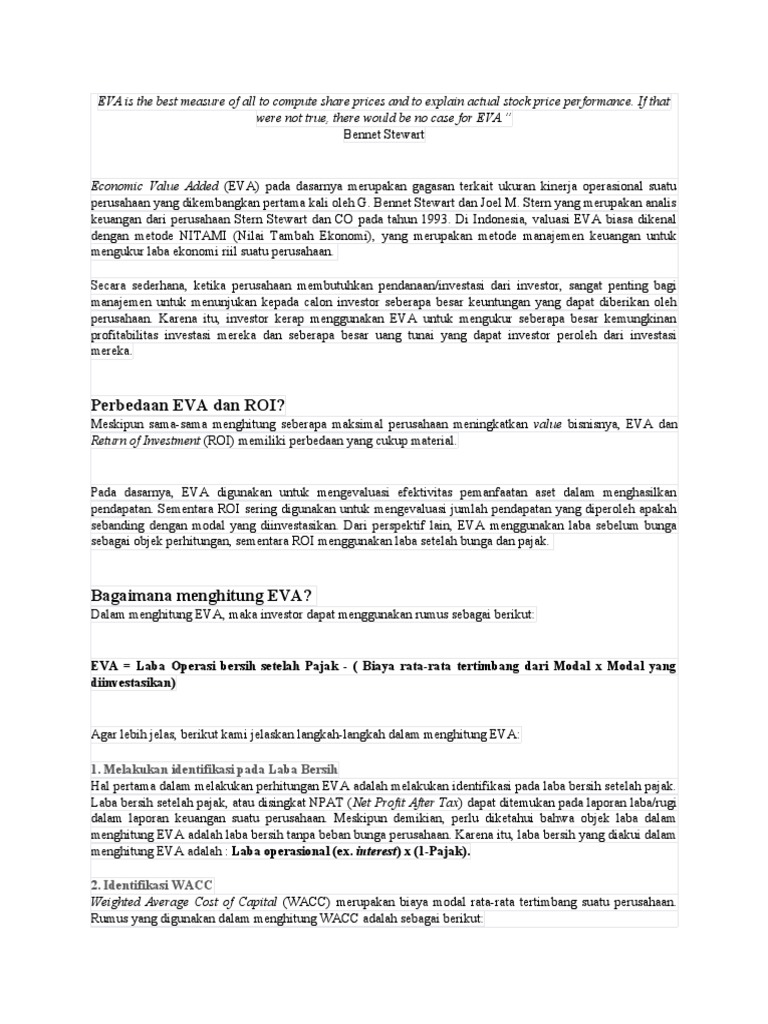 Metode EVA untuk Evaluasi Investasi | PDF | Pengelolaan Keuangan & Uang