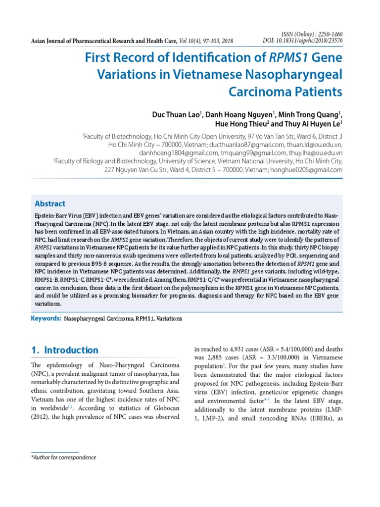 First Record of Identification of RPMS1 Gene Variations in Vietnamese ...