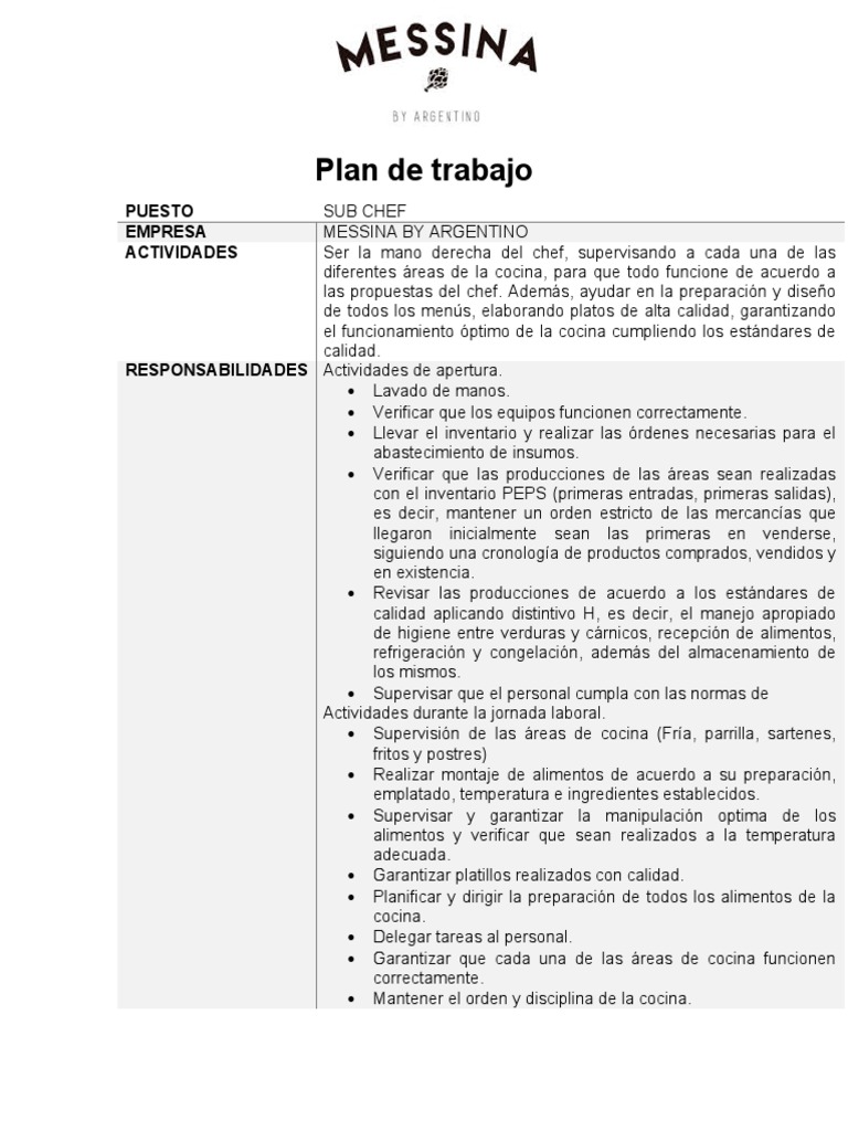 Plan de Trabajo Sub Chef | PDF | Artes culinarias | Alimentos