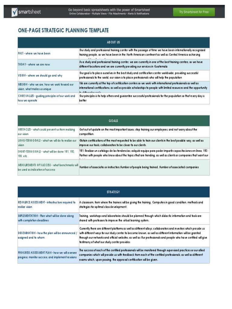 One Page Strategic Planning Xlsx One Page Strategic Plan Pdf