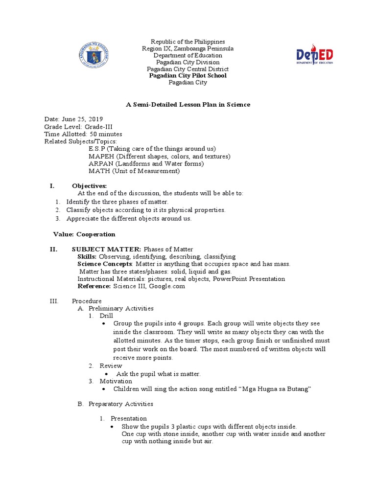 Grade 3 Lesson Plan on Phases of Matter | PDF | Matter | Lesson Plan
