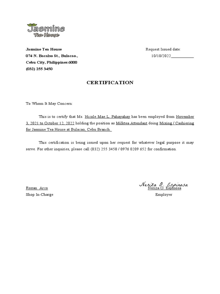 COE For Resigned Employee | PDF