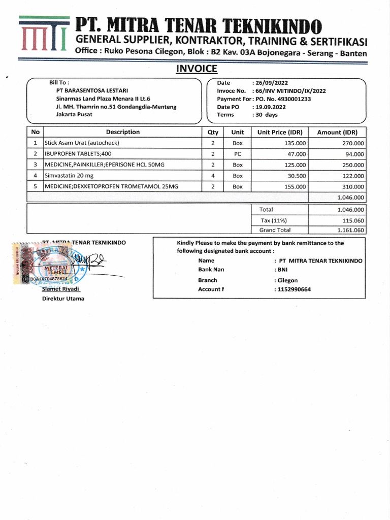 General Supplier Invoice for Medical Supplies from PT Mitra Tenar Teknikindo to PT Barasentosa ...