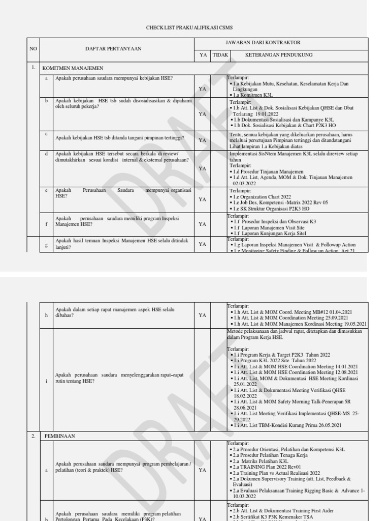 Checklist Prakualifikasi CSMS & Jawaban | PDF