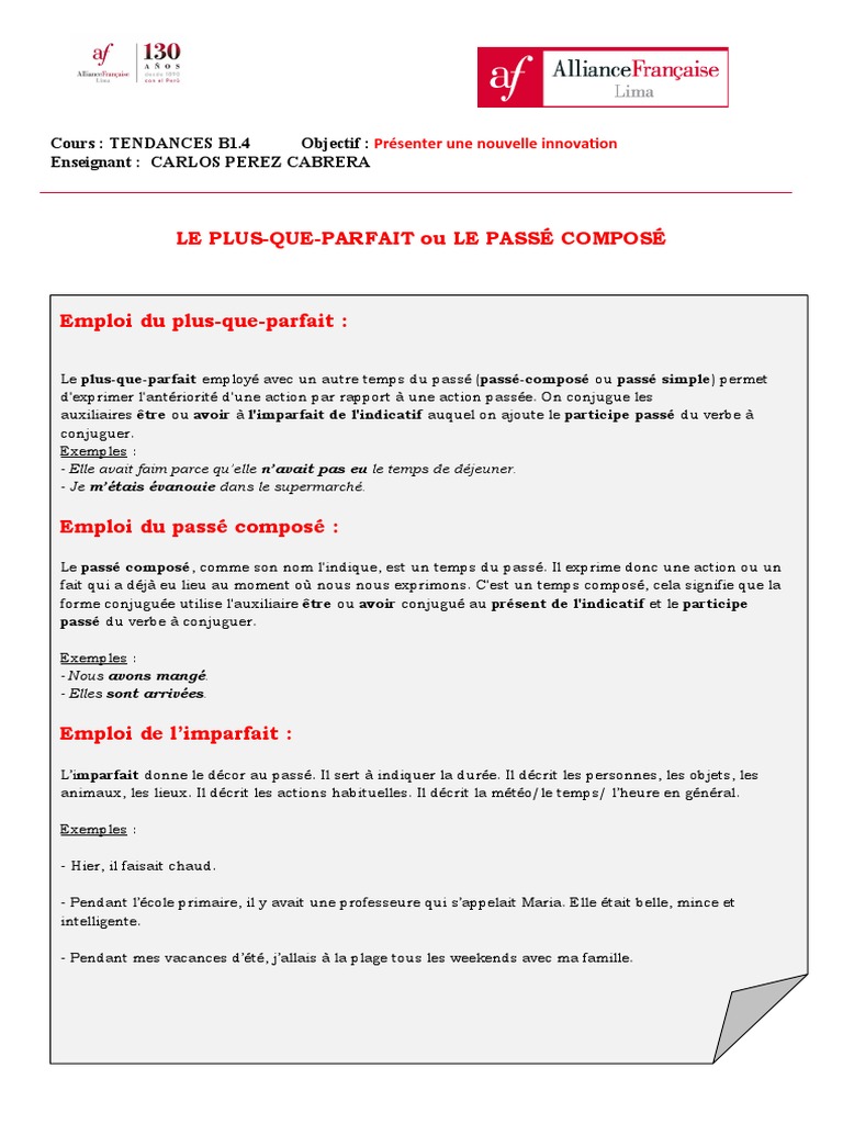 Exercices sur le Plus-Que-Parfait | PDF