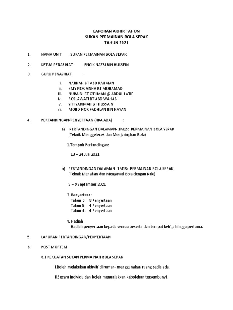 Laporan Akhir Tahun Bola Sepak | PDF