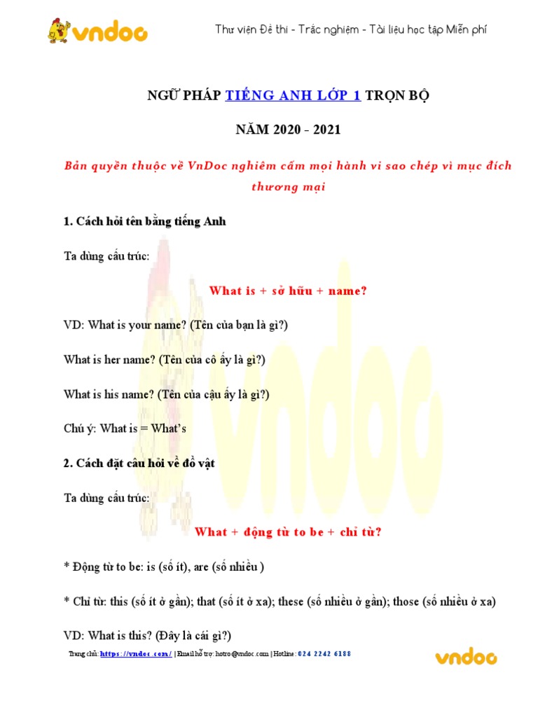 Ngu Phap Tieng Anh Lop 1 Ca Nam | PDF