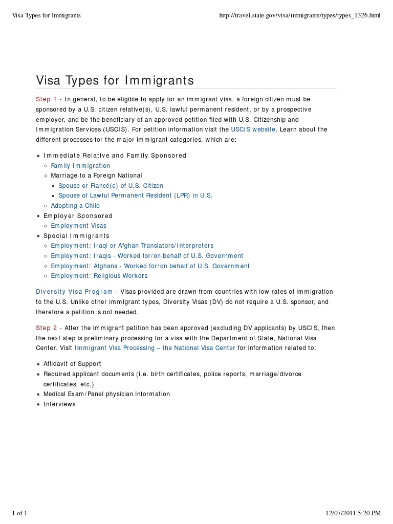 Visa Types For Immigrants | PDF | Immigration Law | Citizenship