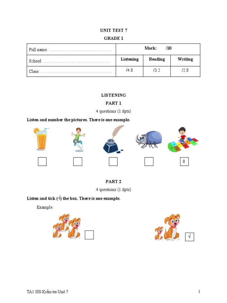 Grade 1 Unit 7 Test | PDF | Teaching Methods & Materials