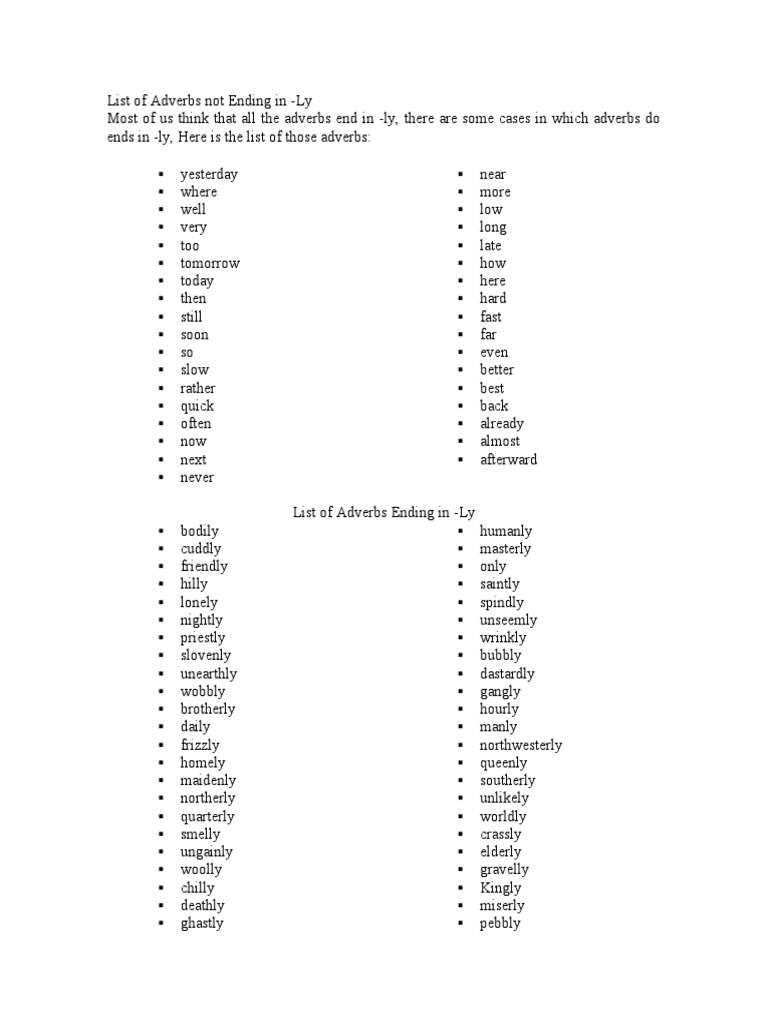 Adverbs Not Ending in -Ly List | PDF