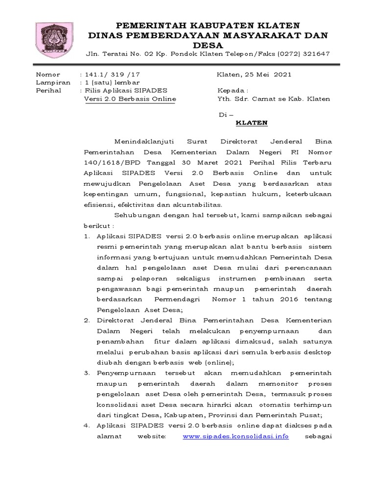 Surat Rilis Aplikasi SIPADES | PDF