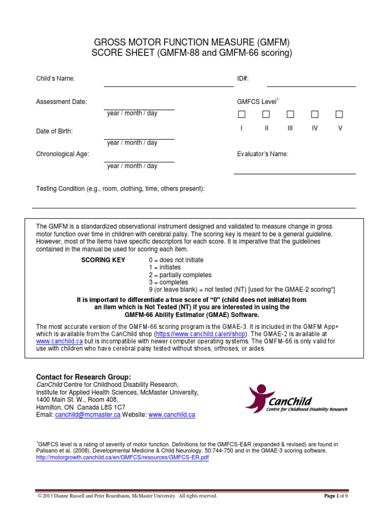 GMFM Score Sheet for Cerebral Palsy | PDF | Anatomical Terms Of Motion