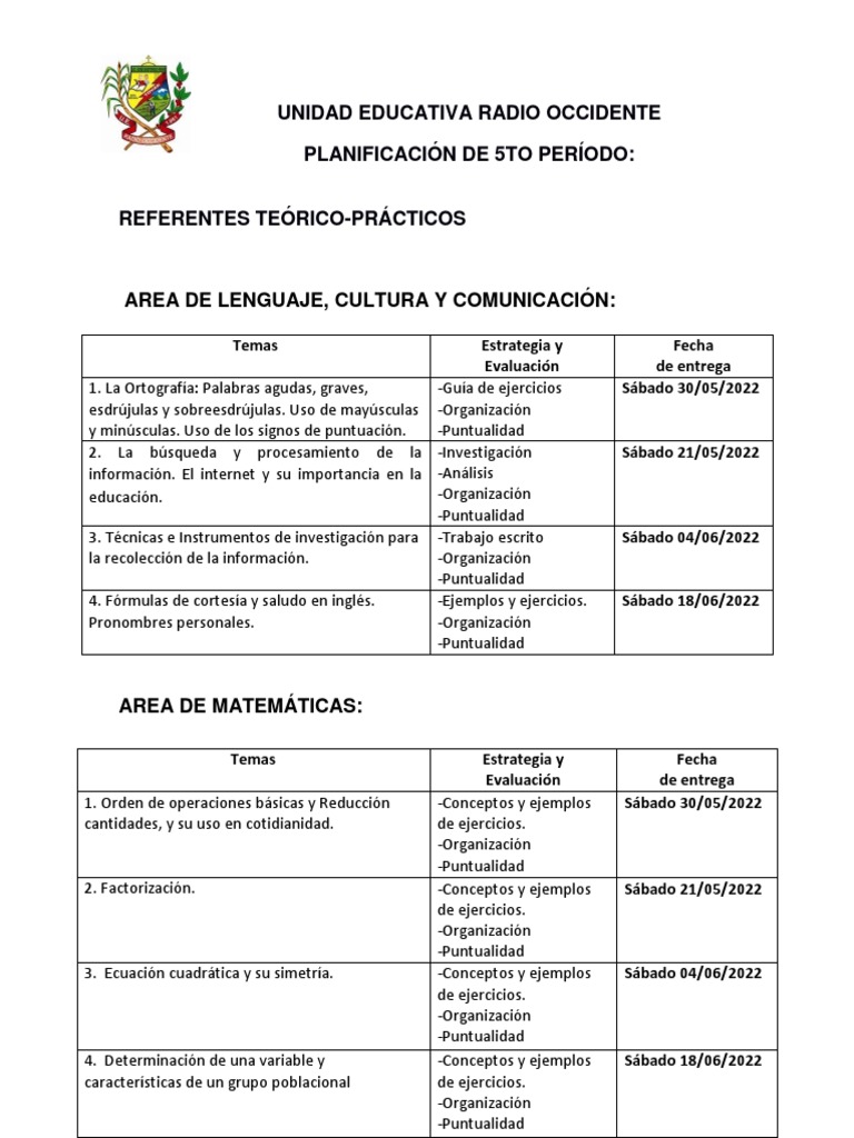 Planificación 5to Período | PDF | Redox | Venezuela