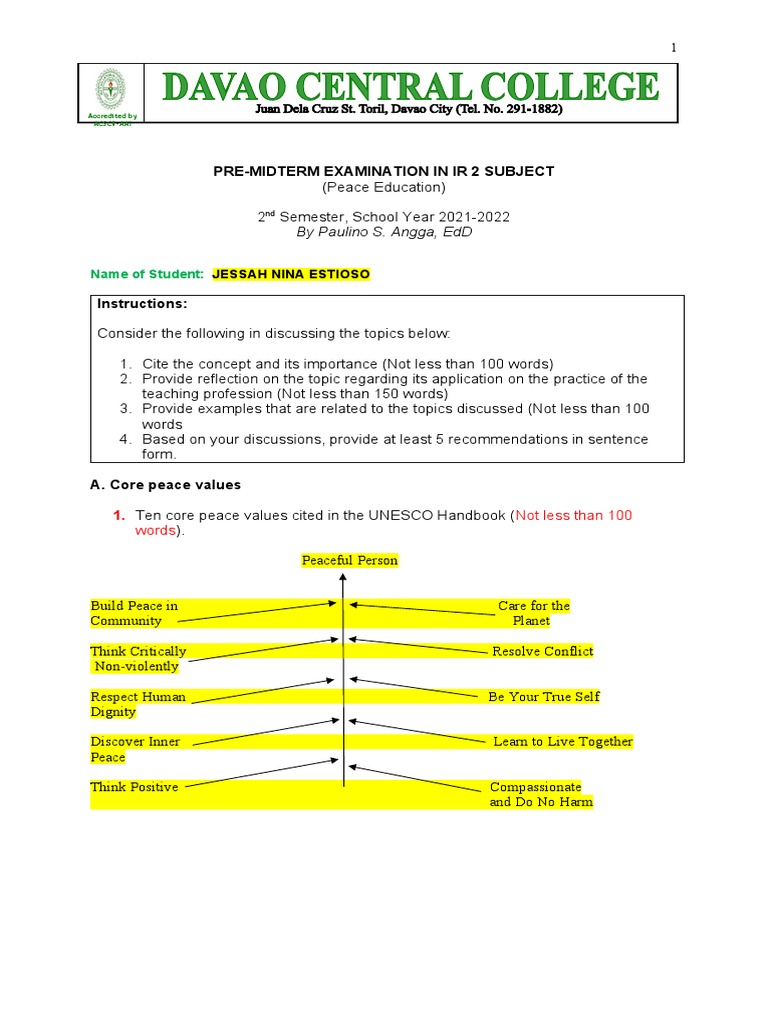 Pre Midterm Examination Done | Download Free PDF | Teaching Method | Peace