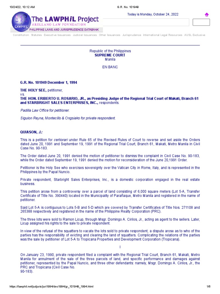 G.R. No. 101949 Holy See vs. Rosario | PDF | Holy See | Lawsuit