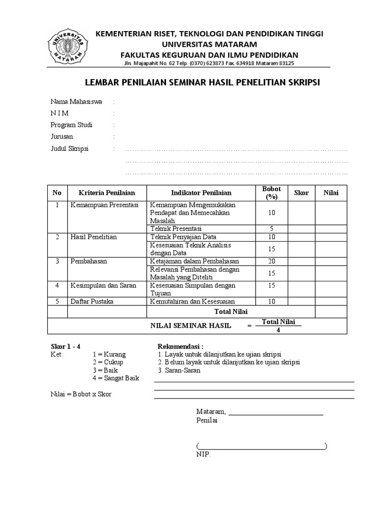 Form B1 & B2 LEMBAR PENILAIAN SEMINAR HASIL PENELITIAN SKRIPSI | PDF