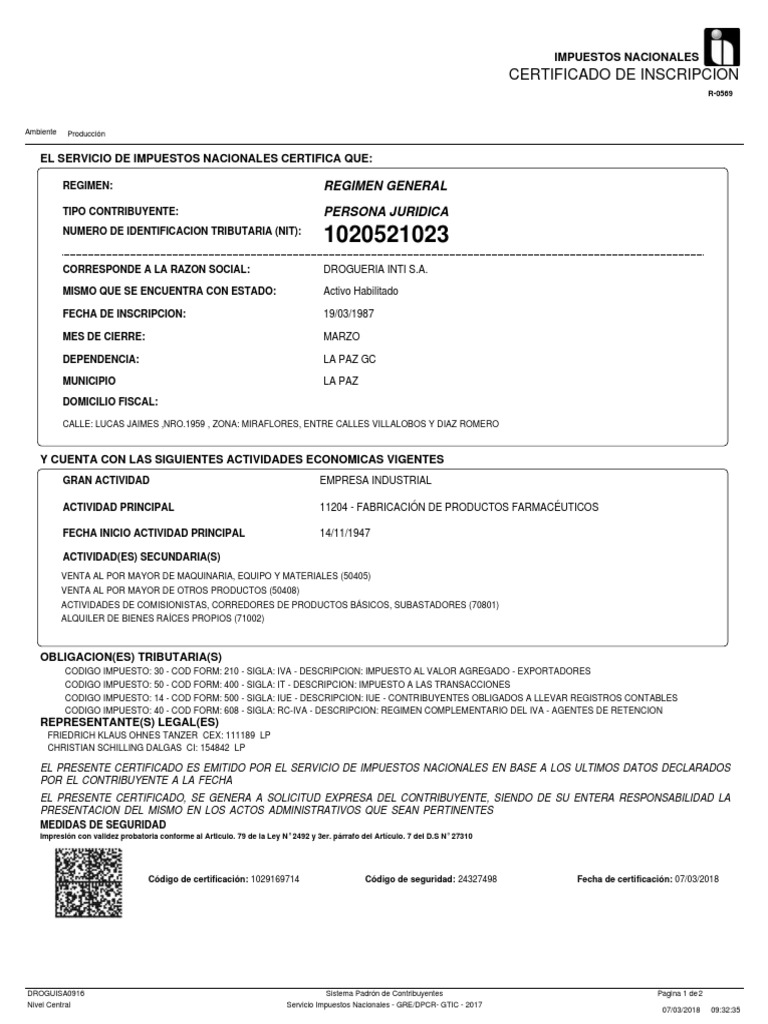 Ejemplo-Certificado de Inscripción | PDF | Impuestos | Gobierno