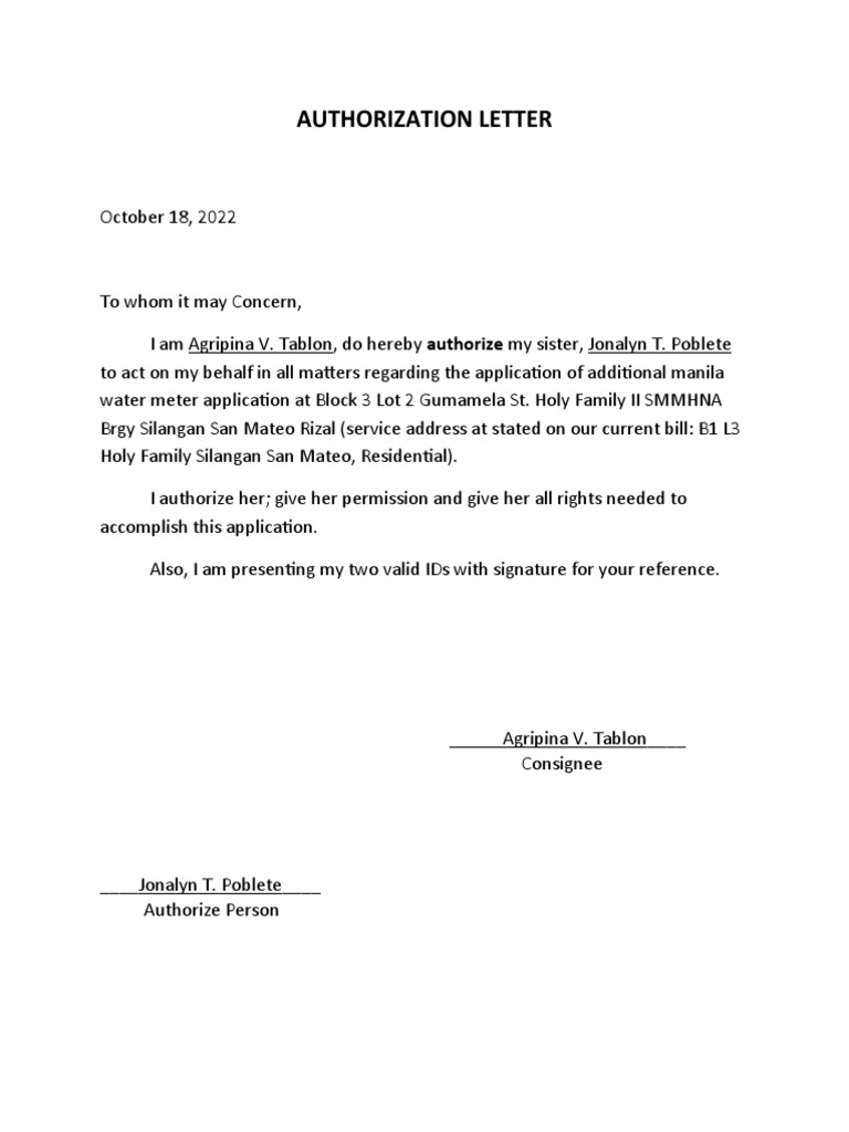 Authorization Letter Manila Water | PDF