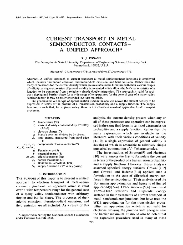 Current Transport in Metal Semiconductor Contacts - A Unified Approach | PDF | Semiconductors ...